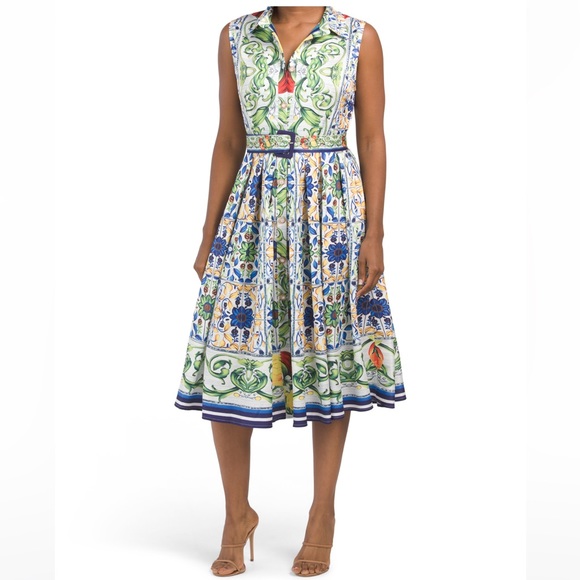 Dalia Macphee | Dresses | Last Chancedalia Macpheesleeveless Mosaic Print Shirt Dress With Belt ...